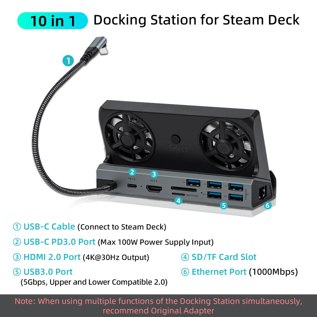 10 in 1 Docking Station with Dual Cooling Fan for Steam Deck-Gray ...